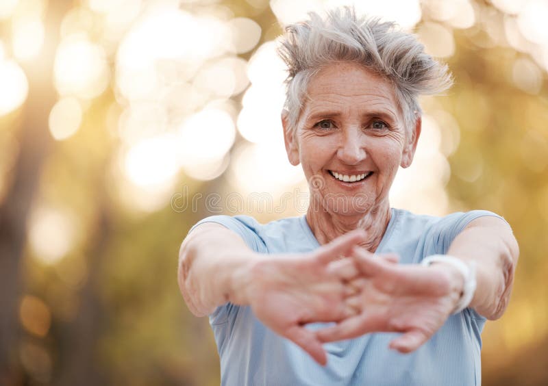 Happy Fitness Or Old Woman Stretching Arms In Nature For Body Wellness