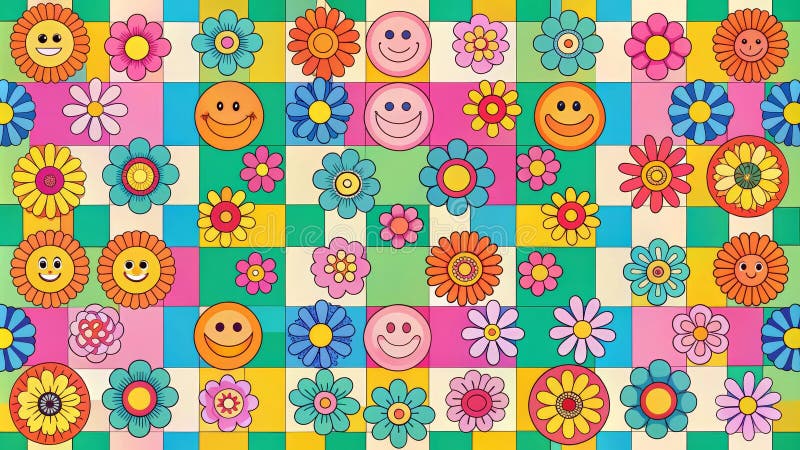 Happy Flower Power Retro Pattern Design with Smiling Faces. Generative ...