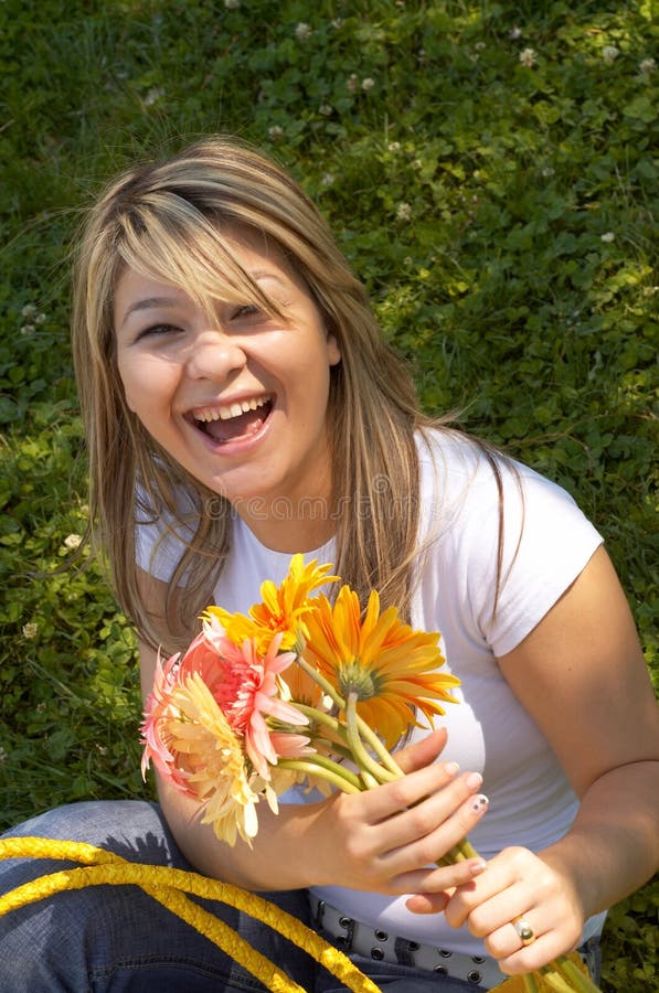Happy with flowers stock photo. Image of full, females - 888994