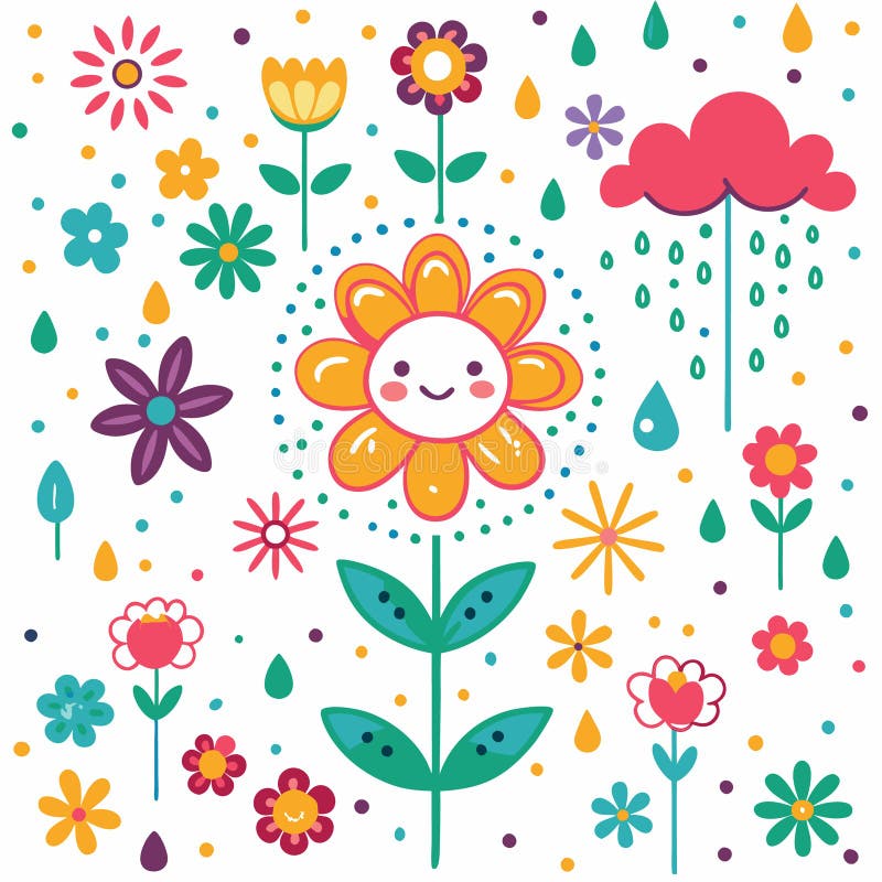 Happy Flowers, Rain, and Dots on White Background Stock Vector ...