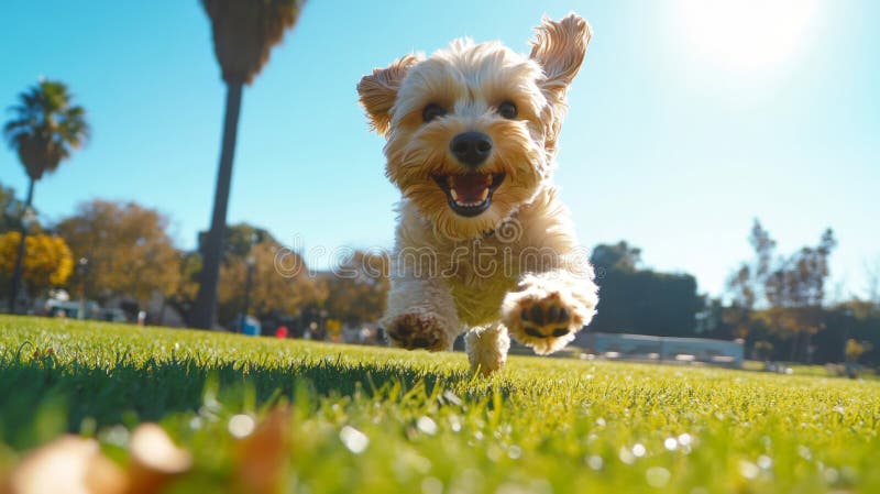 Happy Fluffy Dog Joyfully Leaps Across Green Grass Stock Illustration ...