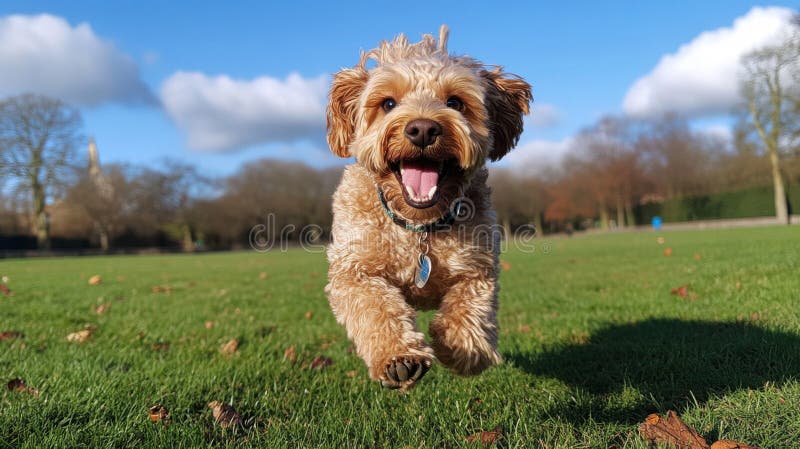 Happy Fluffy Dog Leaps Across Green Grass Stock Illustration ...