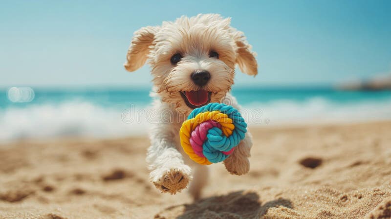 Happy Fluffy Puppy Plays on Sandy Beach Stock Illustration ...