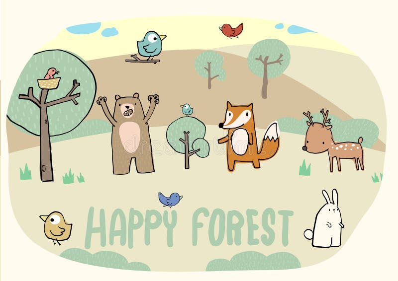 Happy Forest and Funny Animal Stock Vector - Illustration of animal ...