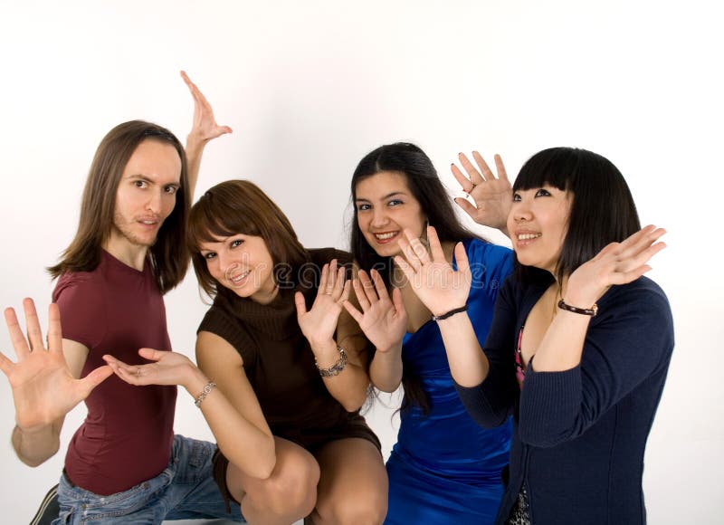 Happy Four Friends Studio Shot Stock Image - Image of palms, happy ...