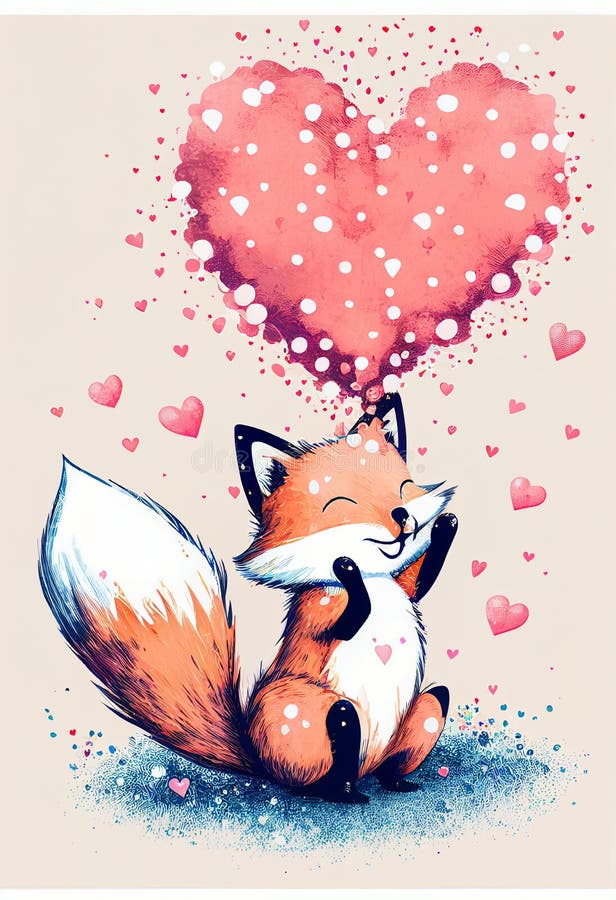 Happy Fox Cub with Hearts Around. Valentine S Day Stock Illustration ...