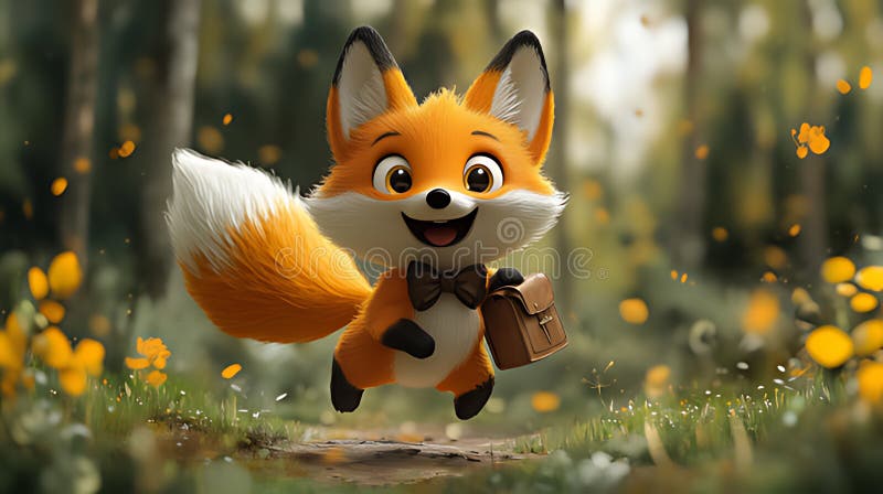 Happy Fox Leaps Forest Path, School Bag, Autumn Leaves Stock ...