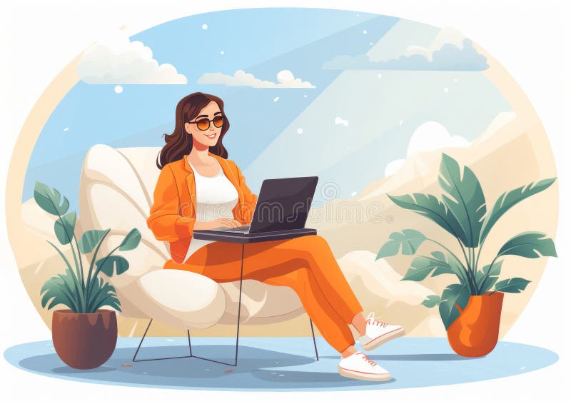 Happy Freelancer with Computer at Home. Illustration. AI Generated ...