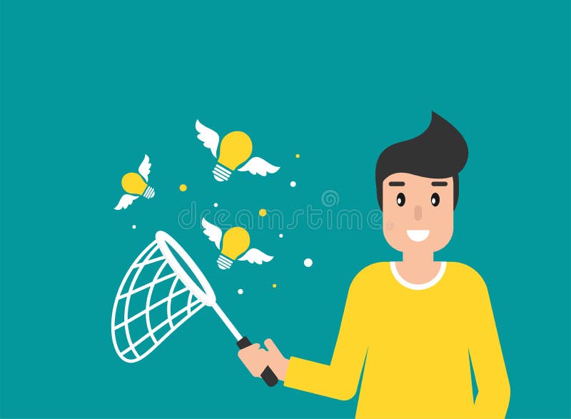 Happy Freelancer Man with Butterfly Net and Flying Idea Bulbs. Flat ...
