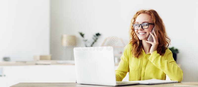 Happy Freelancer Working in Office, Talking on Phone Stock Photo ...