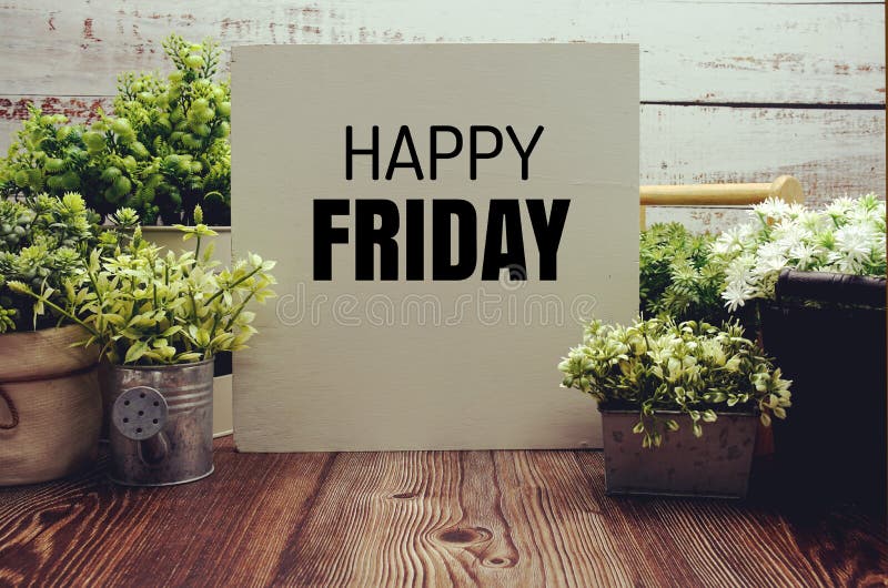 Happy Friday Text Message with Artificial Plant Decoration on Wooden ...