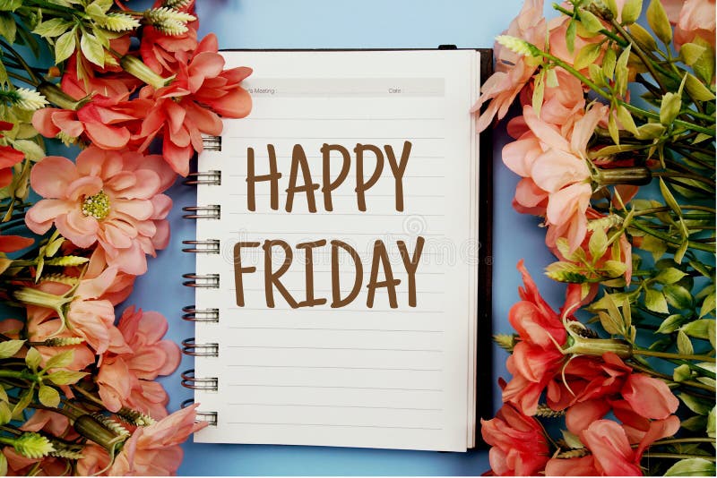 Happy Friday Typography Text on Paper Notebook Flat Lay on Blue ...