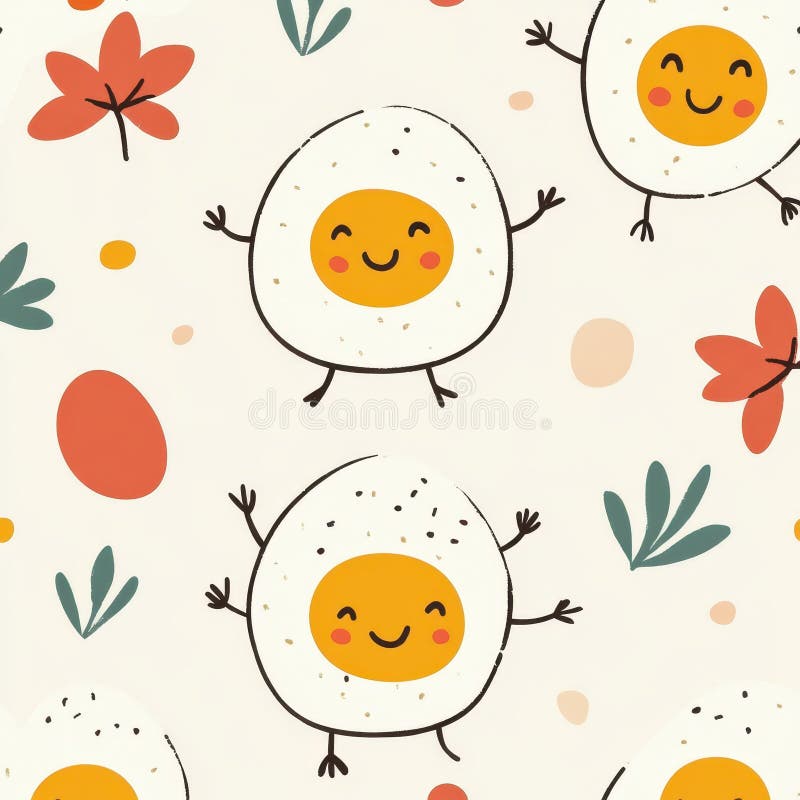 Happy Fried Egg Characters with Flowers and Leaves Pattern Stock ...