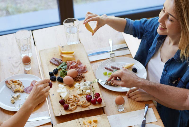 Happy Friend Eating Together Stock Photo - Image of emotion, ethnicity ...
