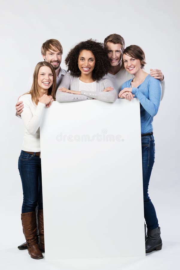 Happy Friendly Group of Young Friends with a Sign Stock Photo - Image ...