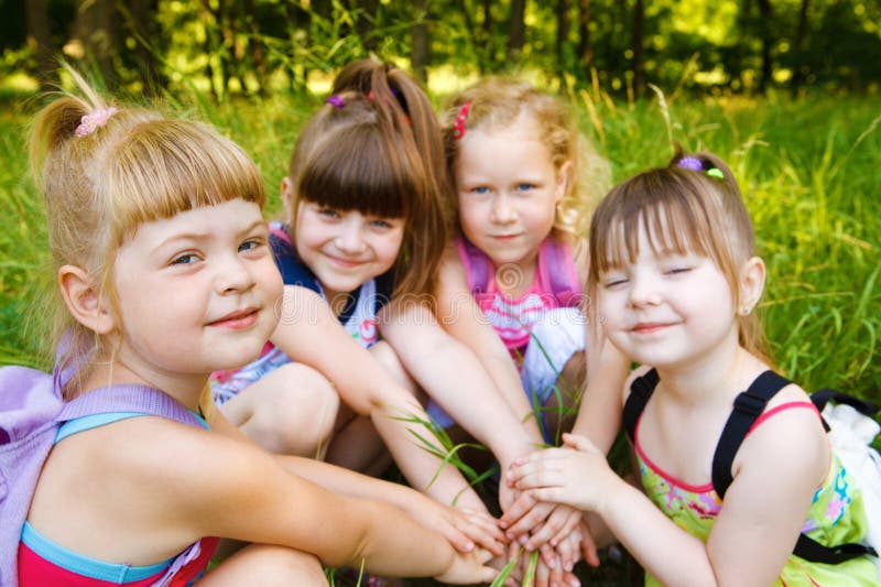 Happy friends stock photo. Image of green, backpack, female - 13285798
