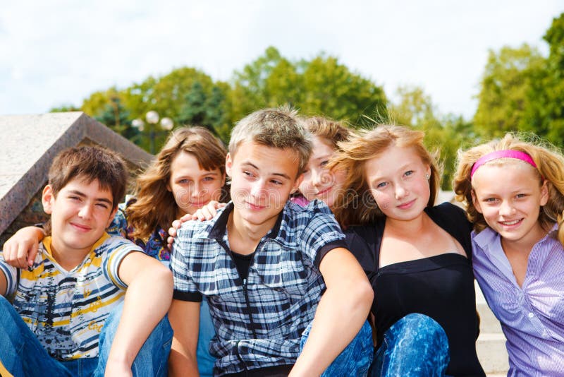 Group of Six Teenage Friends Having Fun Stock Photo - Image of copy ...