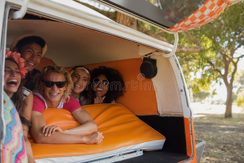 Happy Friends in Camper Van Stock Image - Image of leisue, mixedrace ...