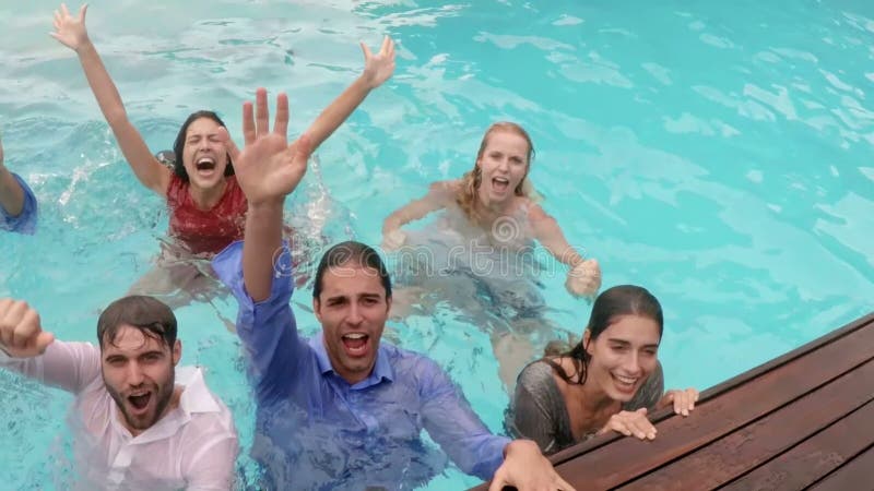 Happy Friends with Clothes in the Pool Stock Video - Video of holiday ...
