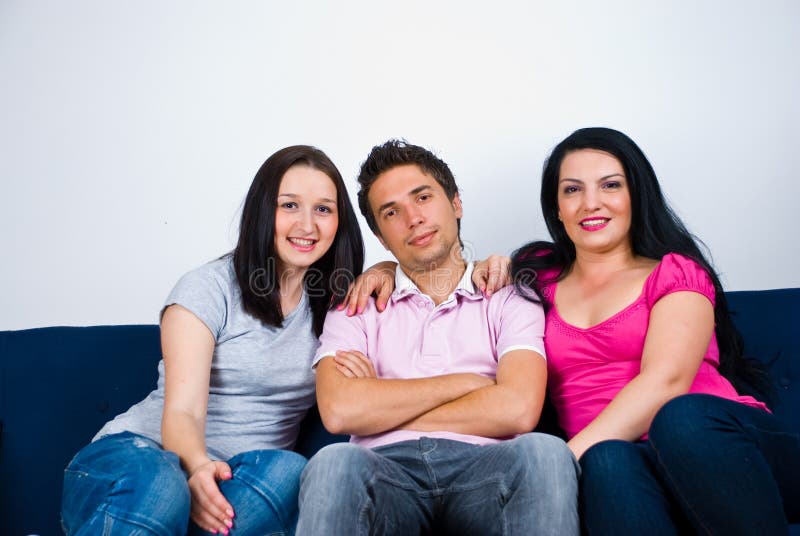 Happy friends on couch stock photo. Image of home, interacting - 14328700