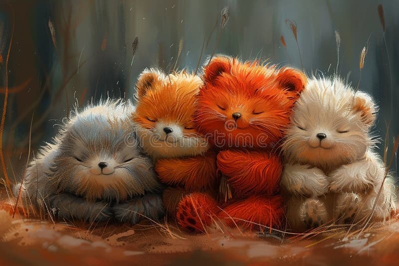 Happy Friends Cuddling Cute Critters Stock Illustration - Illustration ...