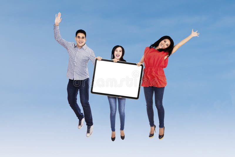 Happy Friends Displaying Blank Board Stock Photo - Image of malaysian ...