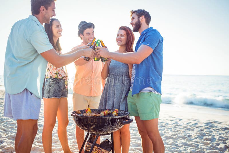 Happy Friends Doing Barbecue and Drinking Beer Stock Image - Image of ...