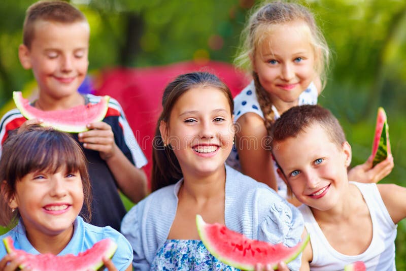 Happy Friends Eating Watermelon, Outdoors Stock Photo - Image of life ...