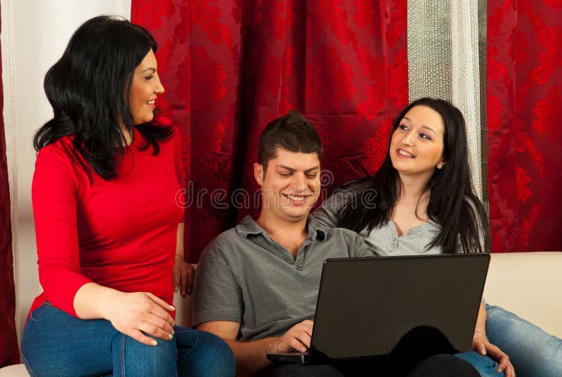 Happy Friends Having Conversation on Sofa Stock Image - Image of home ...