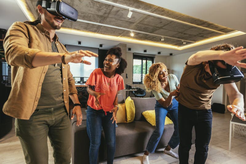 Friends Having Fun with VR in Home Interior Stock Photo - Image of ...