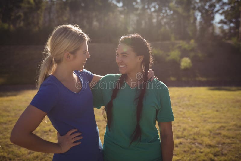 Happy Friends Interacting with Each Other during Obstacle Course Stock ...