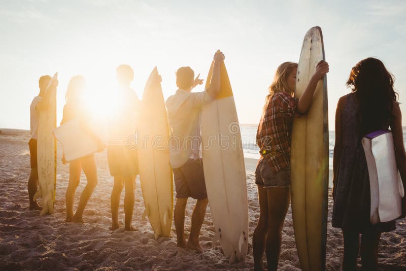 Happy Friends Standing Line Surfboards Stock Photos - Free & Royalty ...