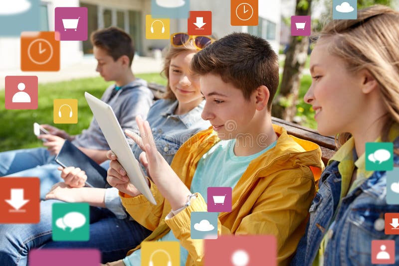 Happy Friends with Tablet Pc Computer Outdoors Stock Image - Image of ...