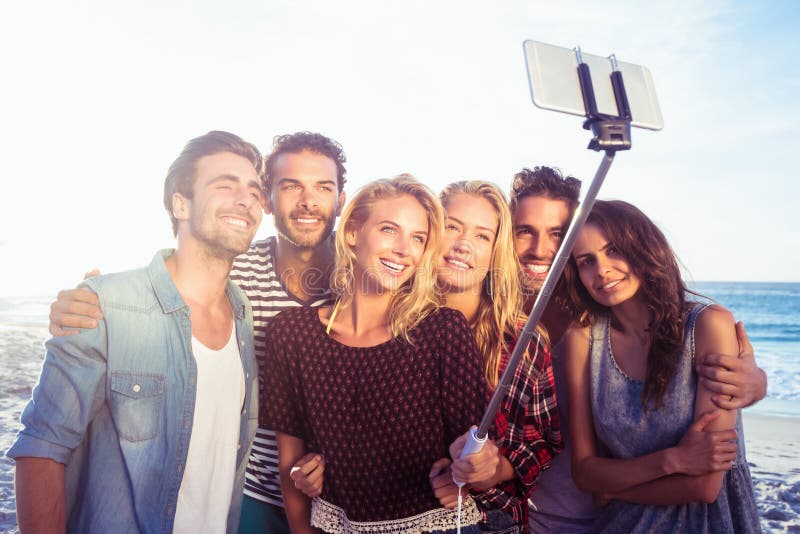 Happy Friends Taking Selfie with Selfie Stick Stock Photo - Image of ...