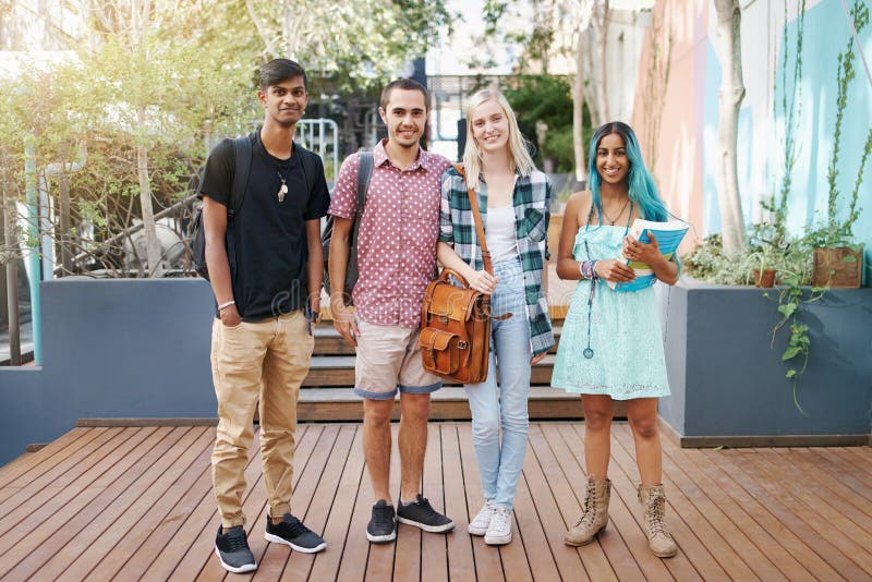 Portrait, Friends and Happy Students at College on Campus Outdoor for ...