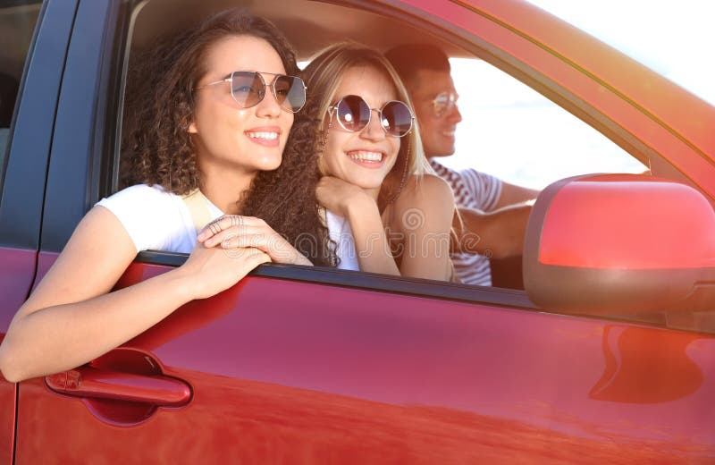 Happy Friends Together in Car on Road Trip Stock Photo - Image of ...