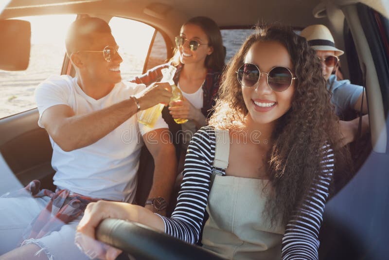 Happy Friends Together in Car on Road Trip Stock Photo - Image of adult ...