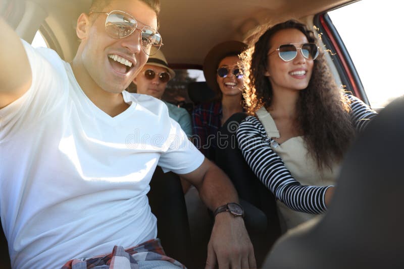 Happy Friends Together in Car on Road Trip Stock Photo - Image of ...