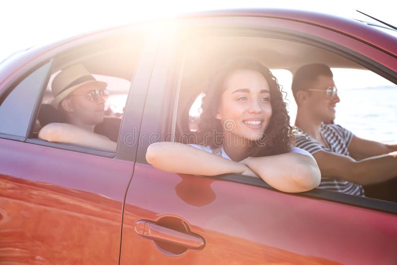 Happy Friends Together in Car on Road Trip Stock Image - Image of ...