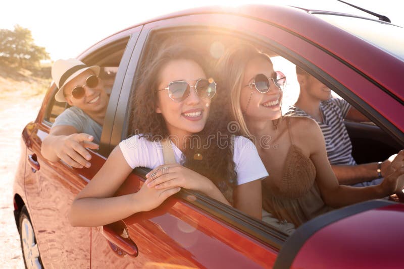 Happy Friends Together in Car on Road Trip Stock Photo - Image of ...