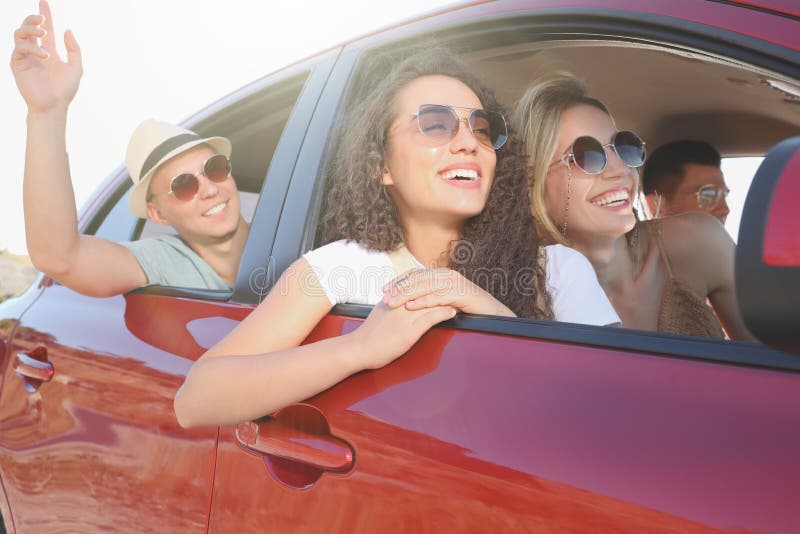 Happy Friends Together in Car on Road Trip Stock Image - Image of ...