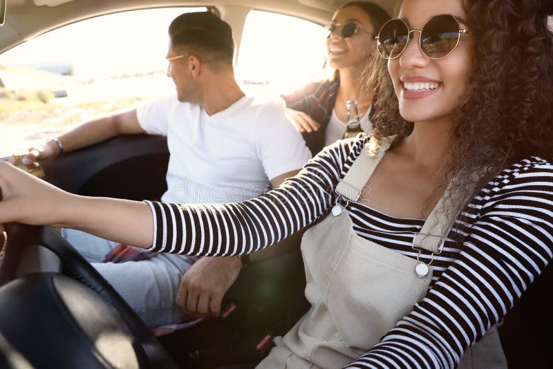 Happy Friends Together in Car on Road Trip Stock Photo - Image of girl ...