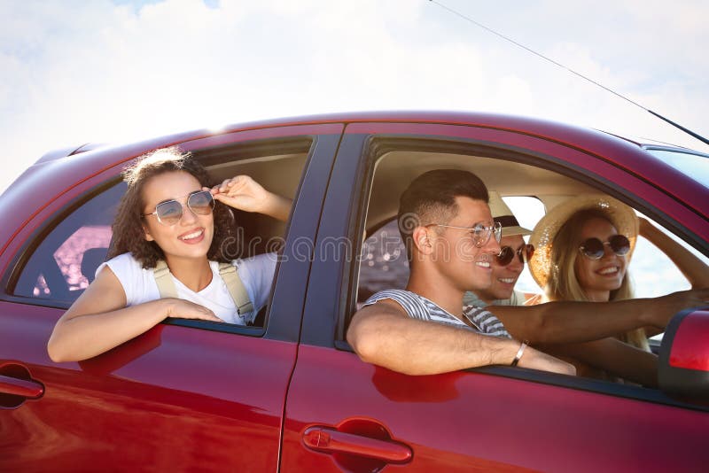 Happy Friends Together in Car on Road Trip Stock Photo - Image of ...