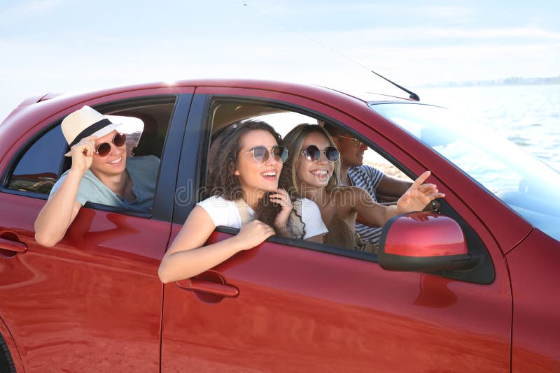 Happy Friends Together in Car on Road Trip Stock Image - Image of ...