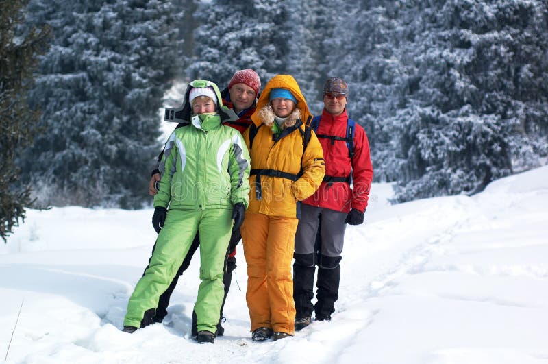 Happy Friends in Winter Forest Stock Image - Image of smiling, people ...