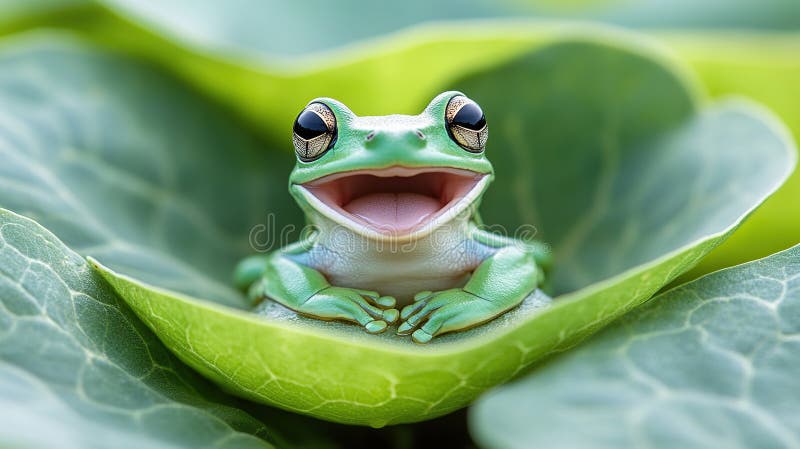 Happy Frog Nestled in Leaves Stock Illustration - Illustration of ...