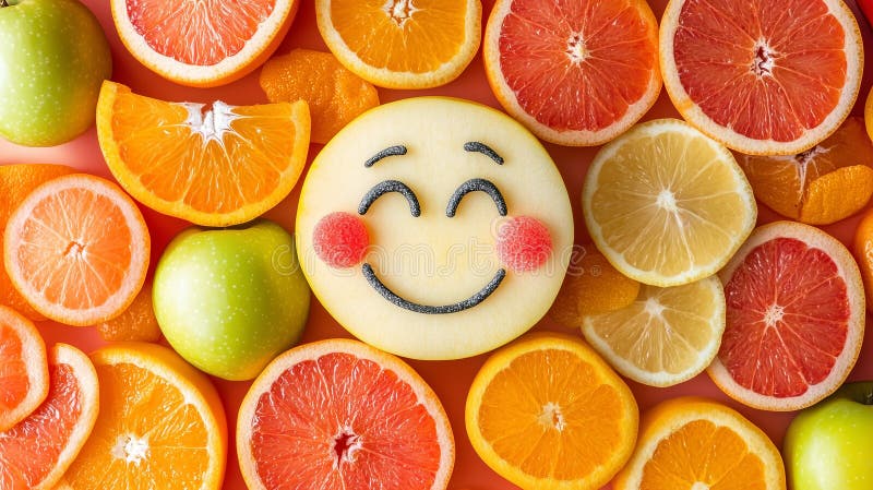 Happy Fruit Face in Colorful Arrangement of Citrus and Apple Stock ...