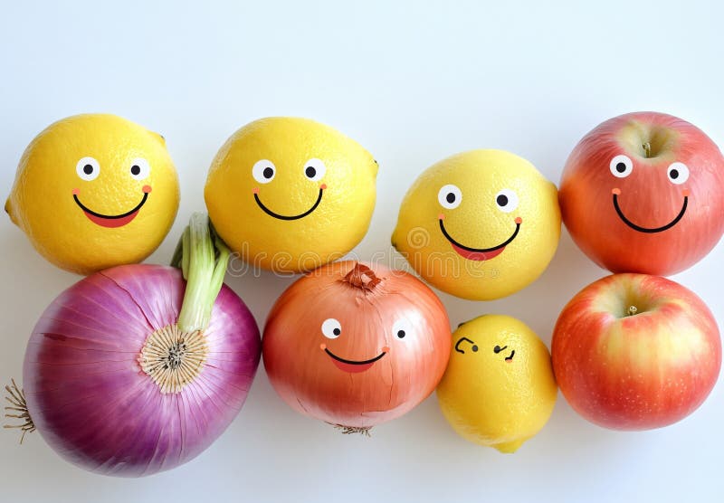 Happy Fruits and Vegetables with Smiley Faces High Quality Image Stock ...
