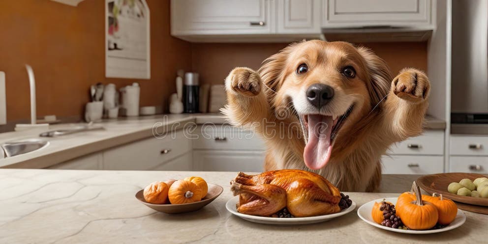 Happy Funny Dog Looking at the Table and Cooked Chicken in the Kitchen ...