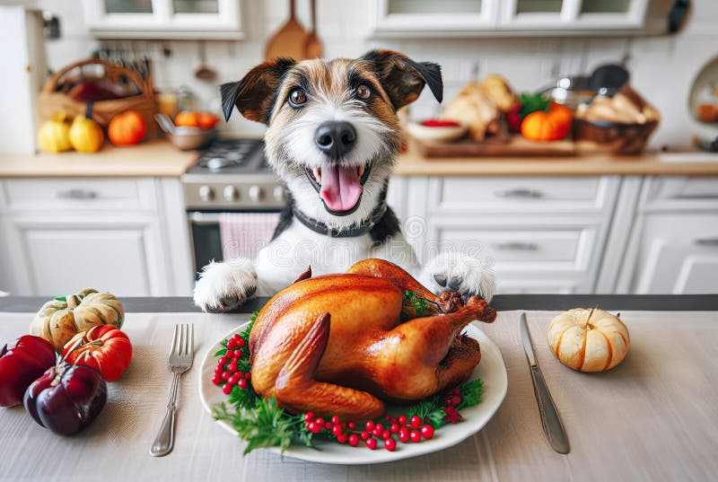 Happy Funny Dog Looking at the Table and Cooked Chicken in the Kitchen ...